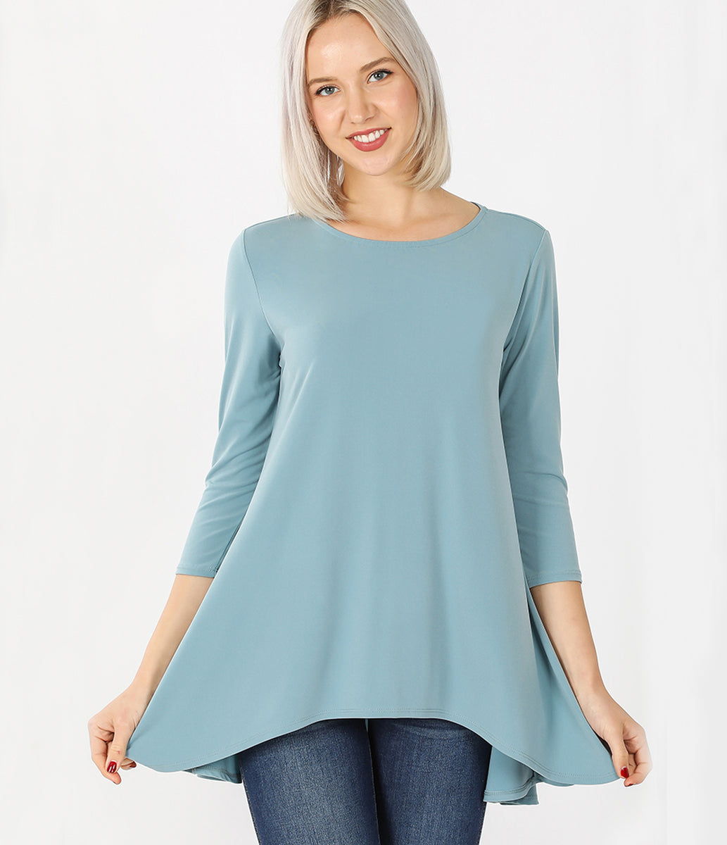 Women's Solid Blue Gray Top 3/4 Sleeve High Low Hem Tunic Top Grayish ...